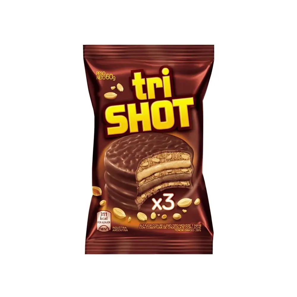 Tri Shot Alfajor Triple de Chocolate con Maní, 60 g