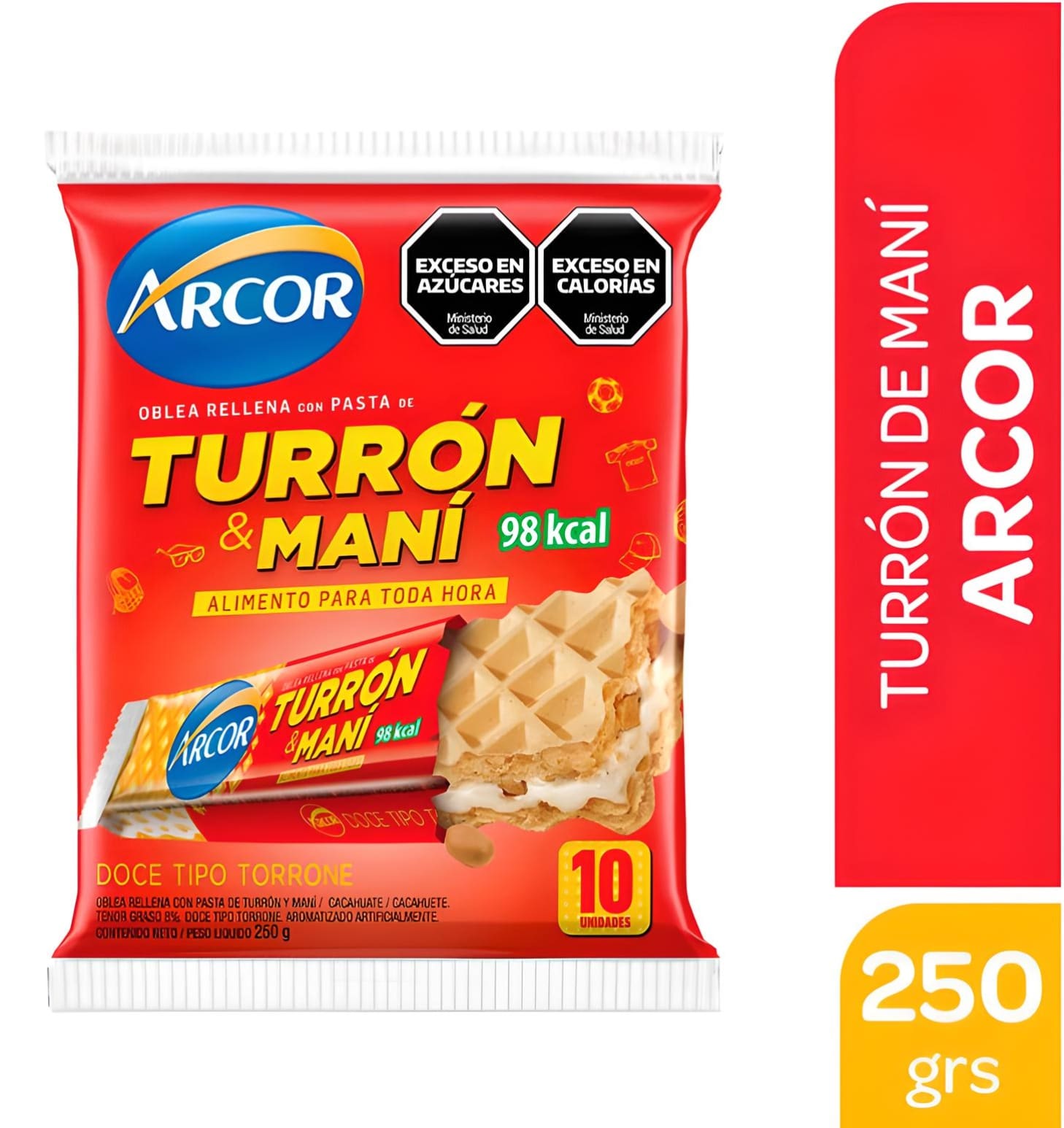 Arcor Turrón y Maní Oblea Rellena de Pasta de Maní, 25 g (10 Turrones)