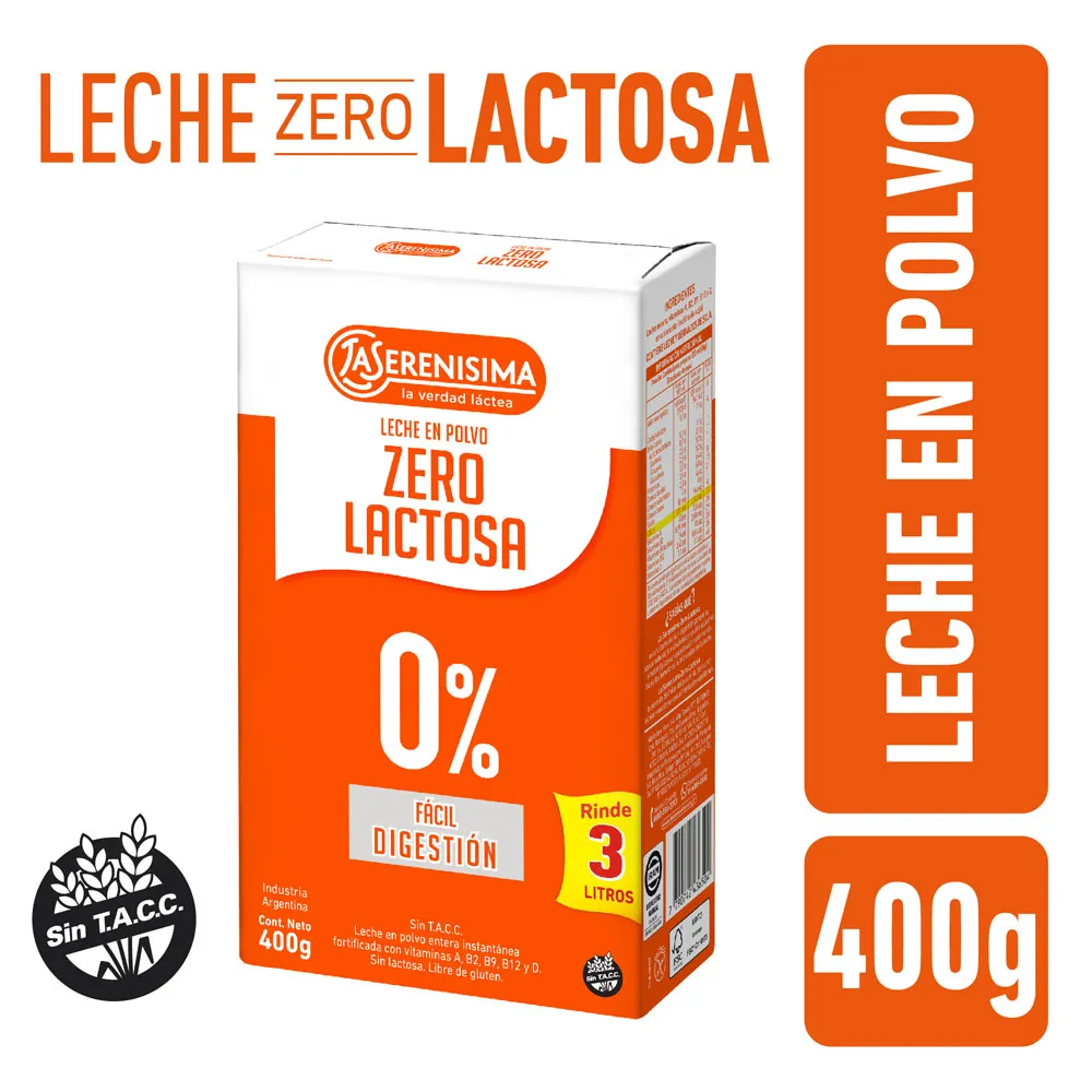 La Serenísima Leche en Polvo Zero Lactosa, 400 g