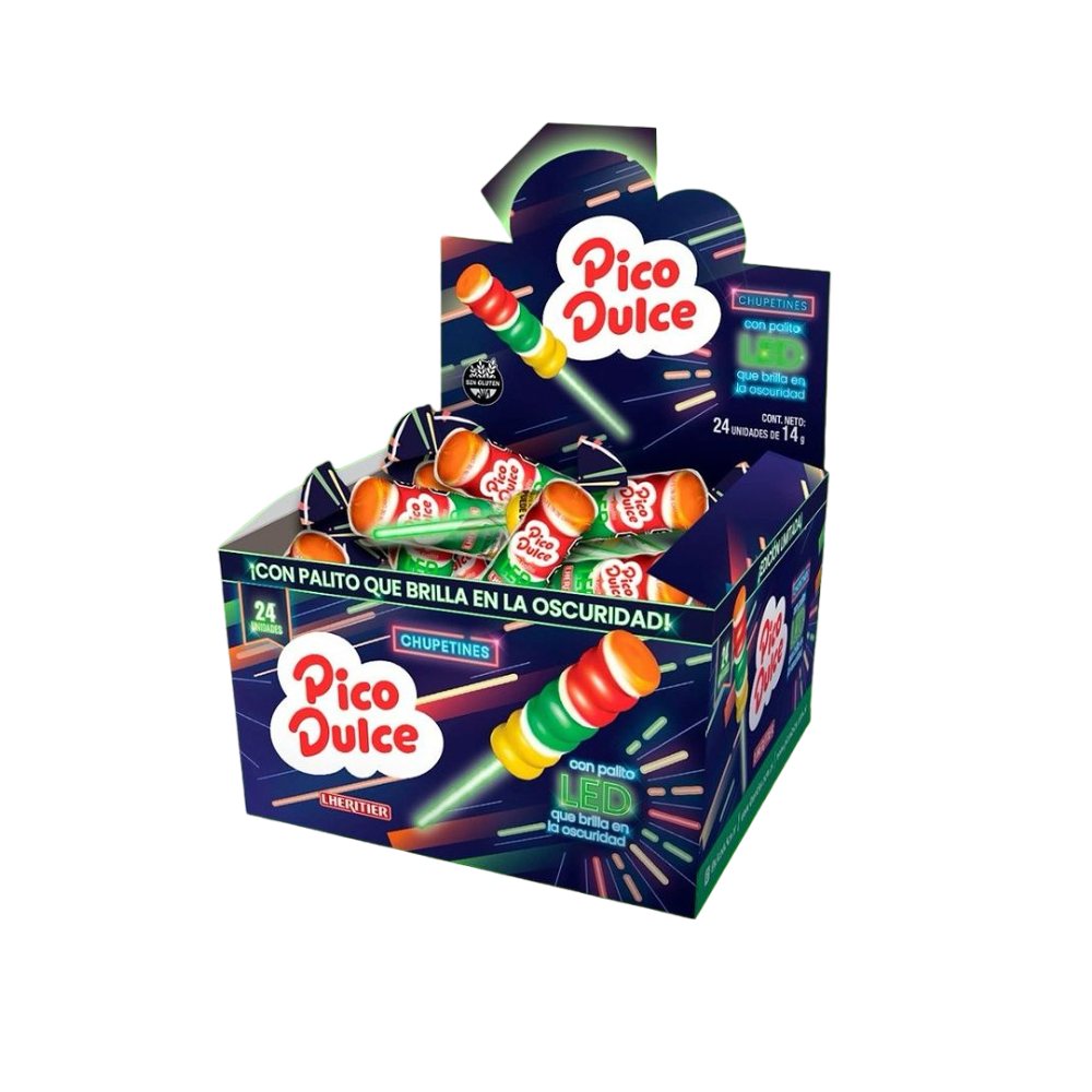Pico Dulce Lheritier Chupetines con Palito LED, 14 g (24 Chupetines)
